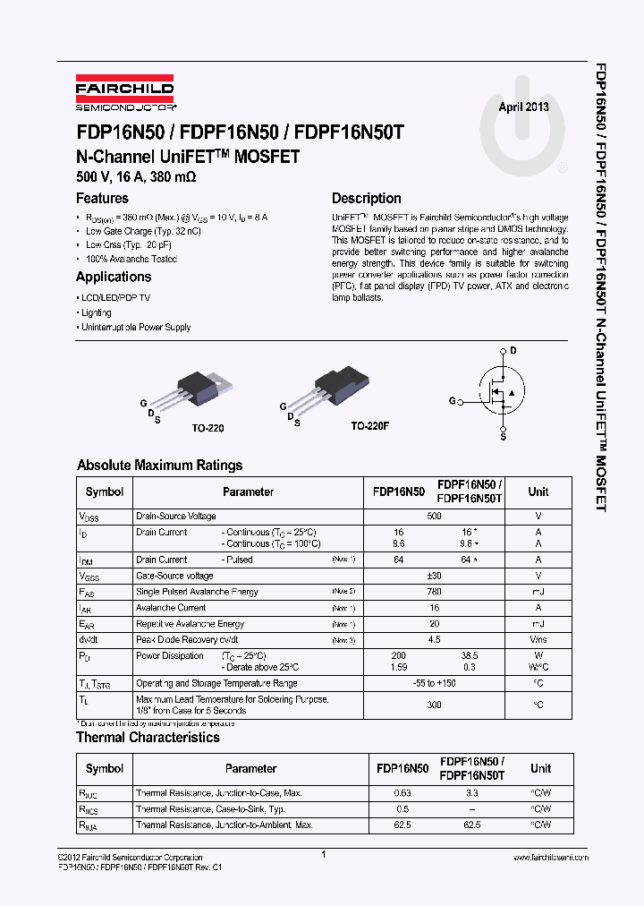 FDPF16N50_8380516.PDF Datasheet Download --- IC-ON-LINE