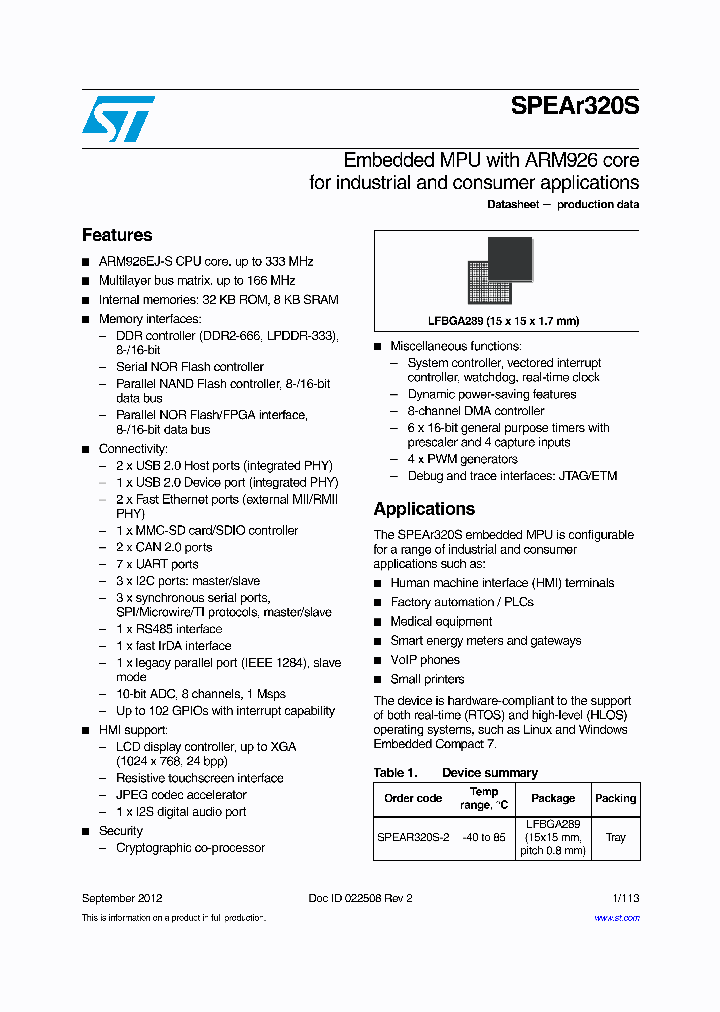 SPEAR320S-2_8403286.PDF Datasheet Download --- IC-ON-LINE