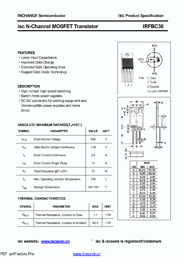 IRFBC30_8484620.PDF Datasheet Download --- IC-ON-LINE