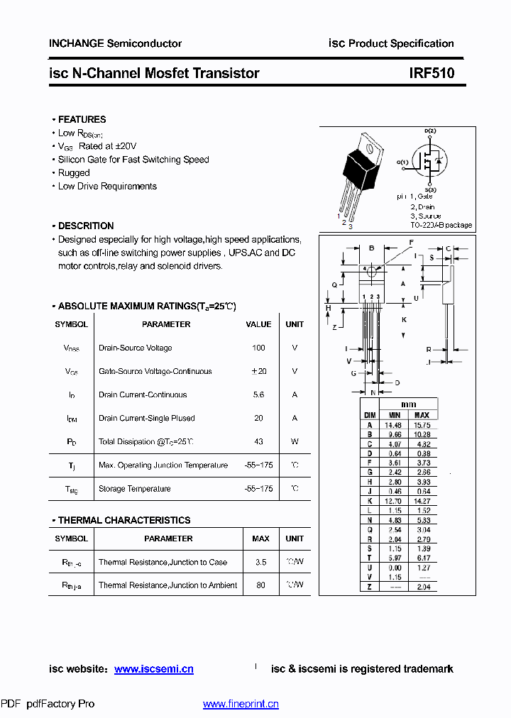 IRF510_8624402.PDF Datasheet Download --- IC-ON-LINE