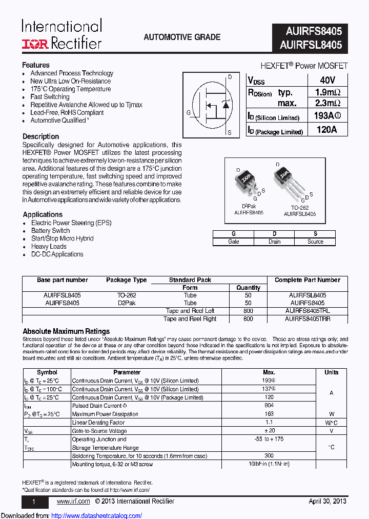 AUIRFSL8405_8769095.PDF Datasheet Download --- IC-ON-LINE