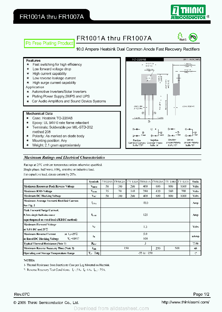 FR1001A_8896168.PDF Datasheet Download --- IC-ON-LINE