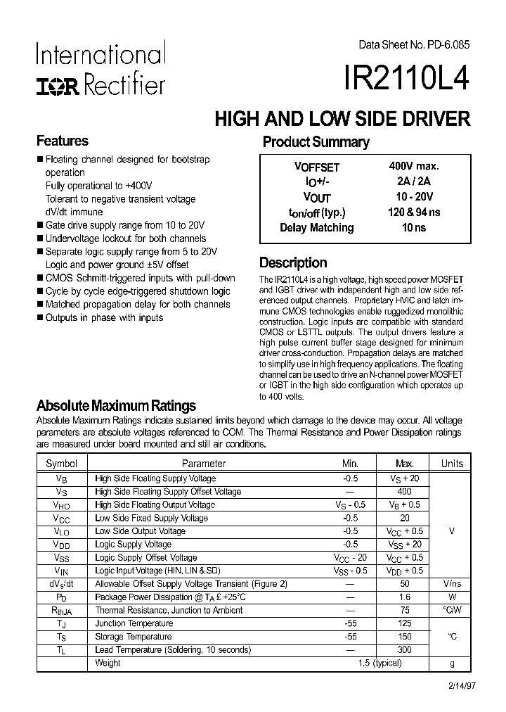 IR2110L_8924784.PDF Datasheet Download --- IC-ON-LINE