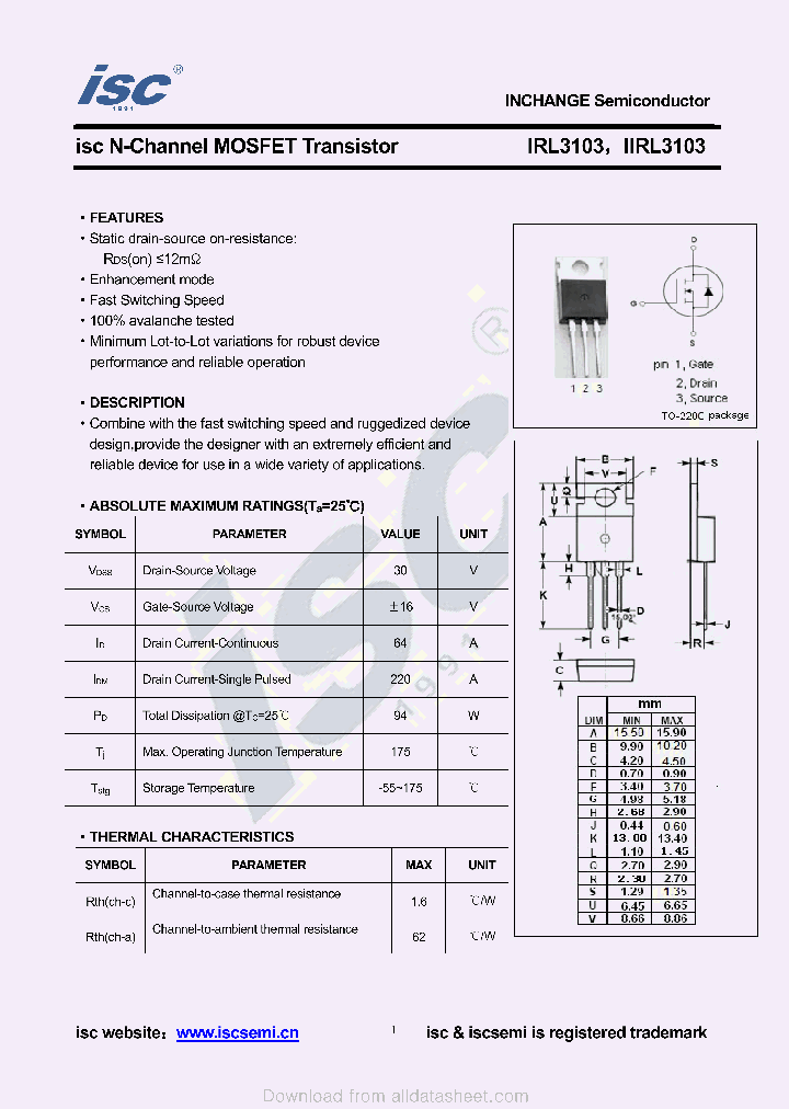 IRL3103_8969316.PDF Datasheet Download --- IC-ON-LINE