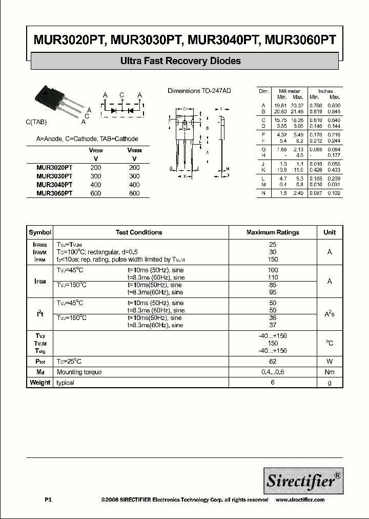 MUR3060PT_8999000.PDF Datasheet Download --- IC-ON-LINE