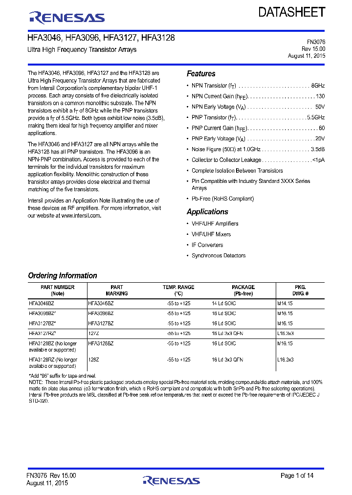 HFA3046_9039012.PDF Datasheet Download --- IC-ON-LINE