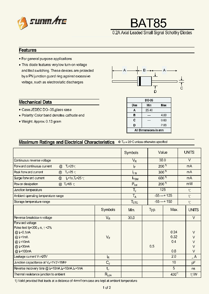 BAT85_9075539.PDF Datasheet Download --- IC-ON-LINE