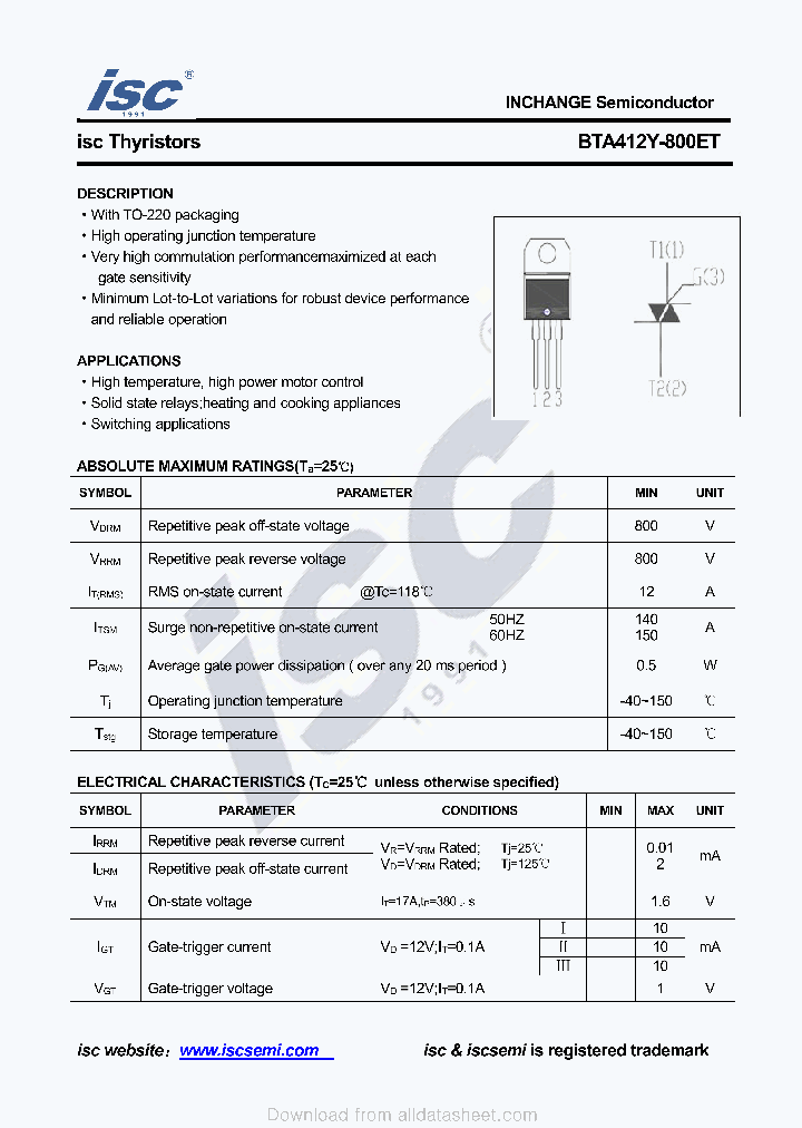 BTA412Y-800ET_9077581.PDF Datasheet Download --- IC-ON-LINE