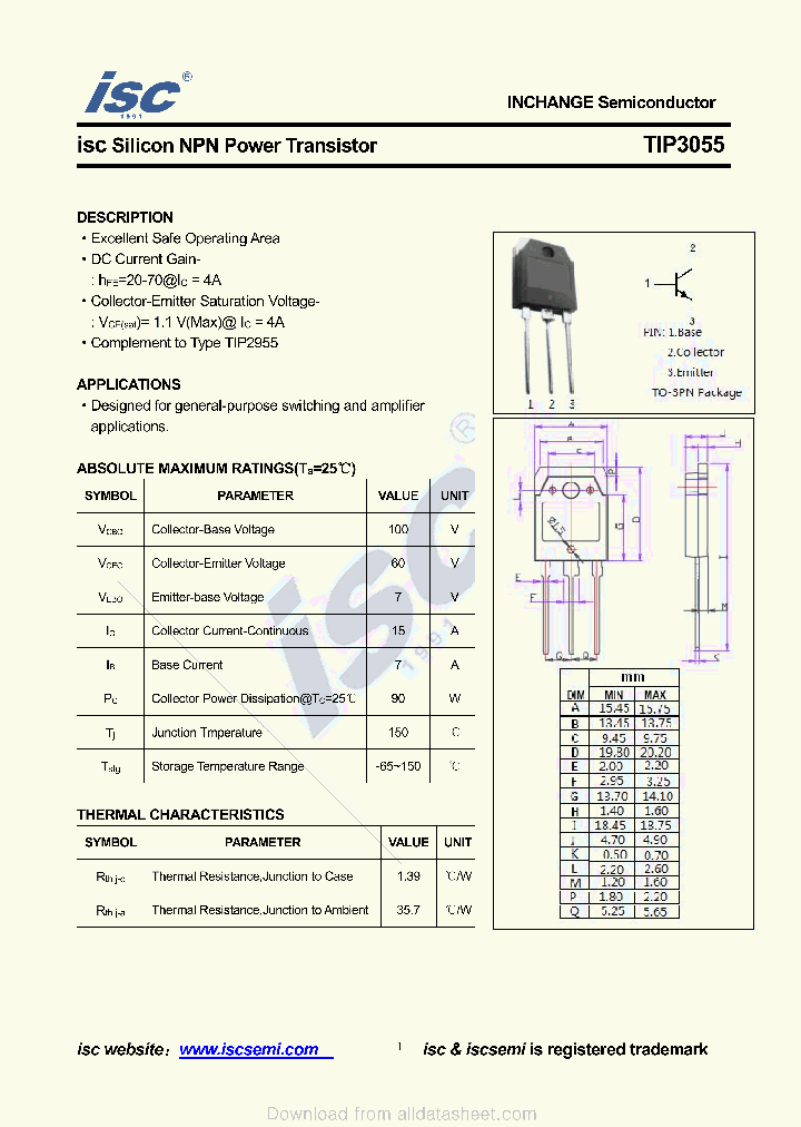 TIP3055_9081737.PDF Datasheet Download --- IC-ON-LINE