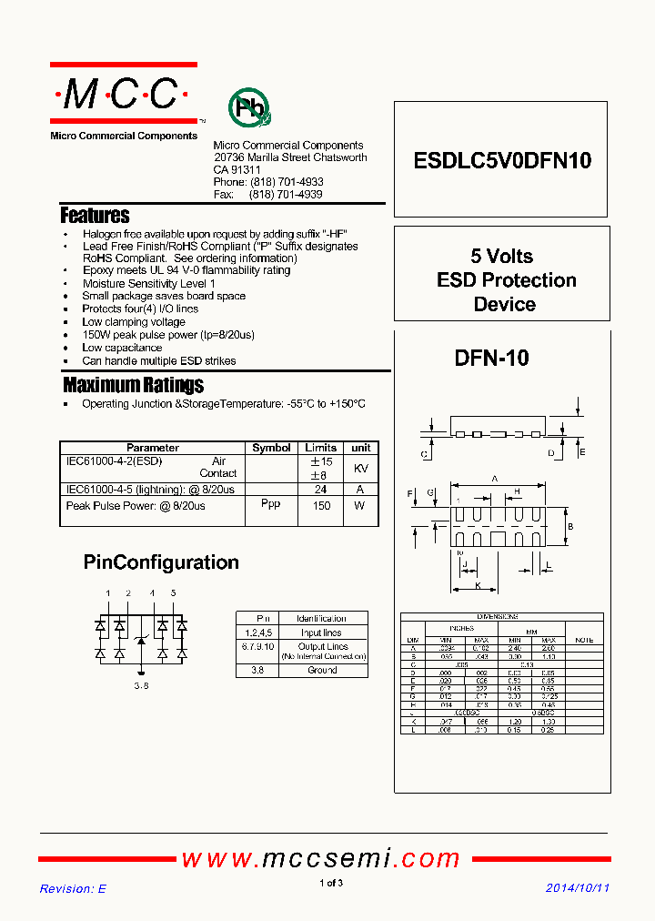 ESDLC5V0DFN10_9083523.PDF Datasheet Download --- IC-ON-LINE
