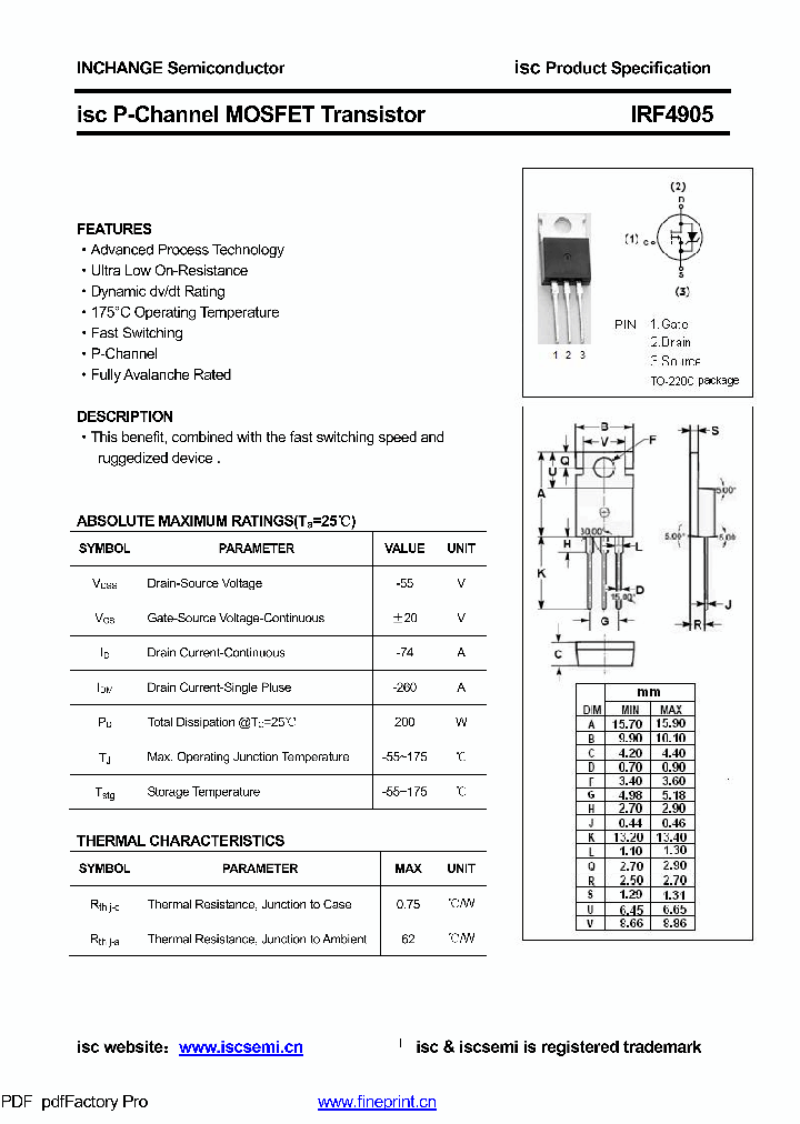 IRF4905_9103754.PDF Datasheet Download --- IC-ON-LINE